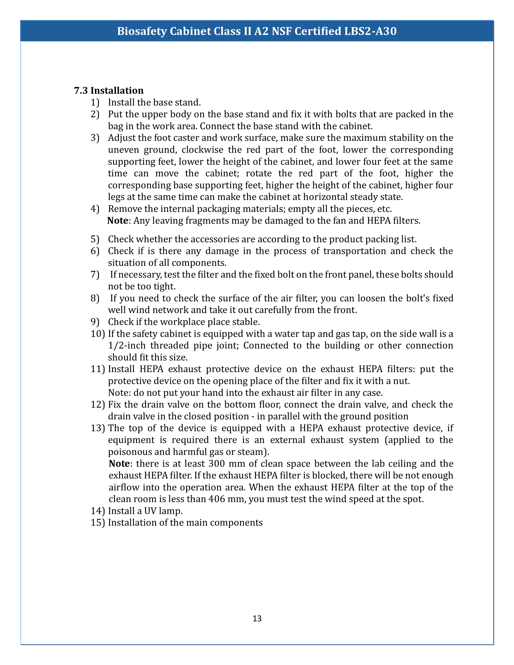 Biosafety Cabinet Class 2 A2 NSF Certified LBS2-A30 Manual