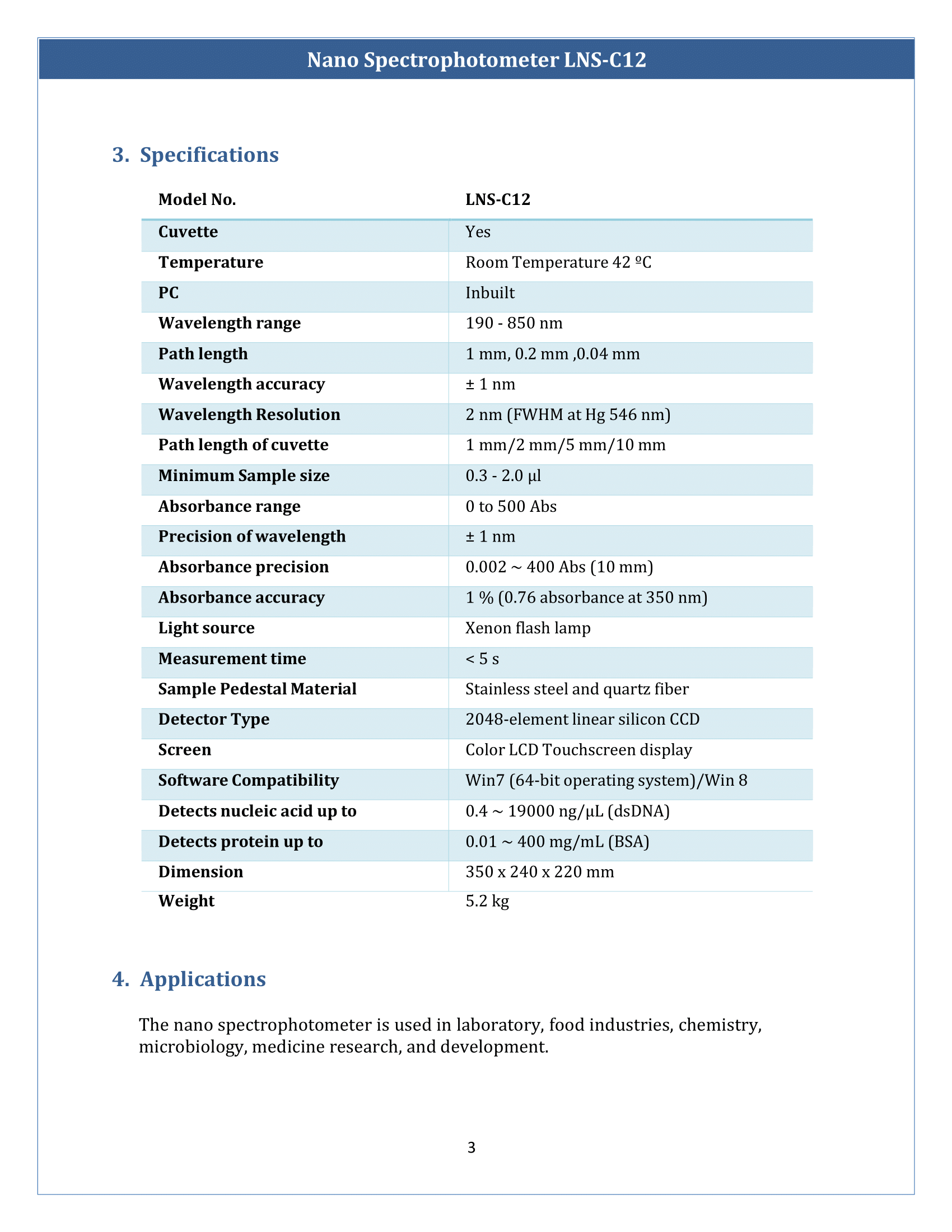 Nano Spectrophotometer LNS-C12 Operating Manual | Labtron