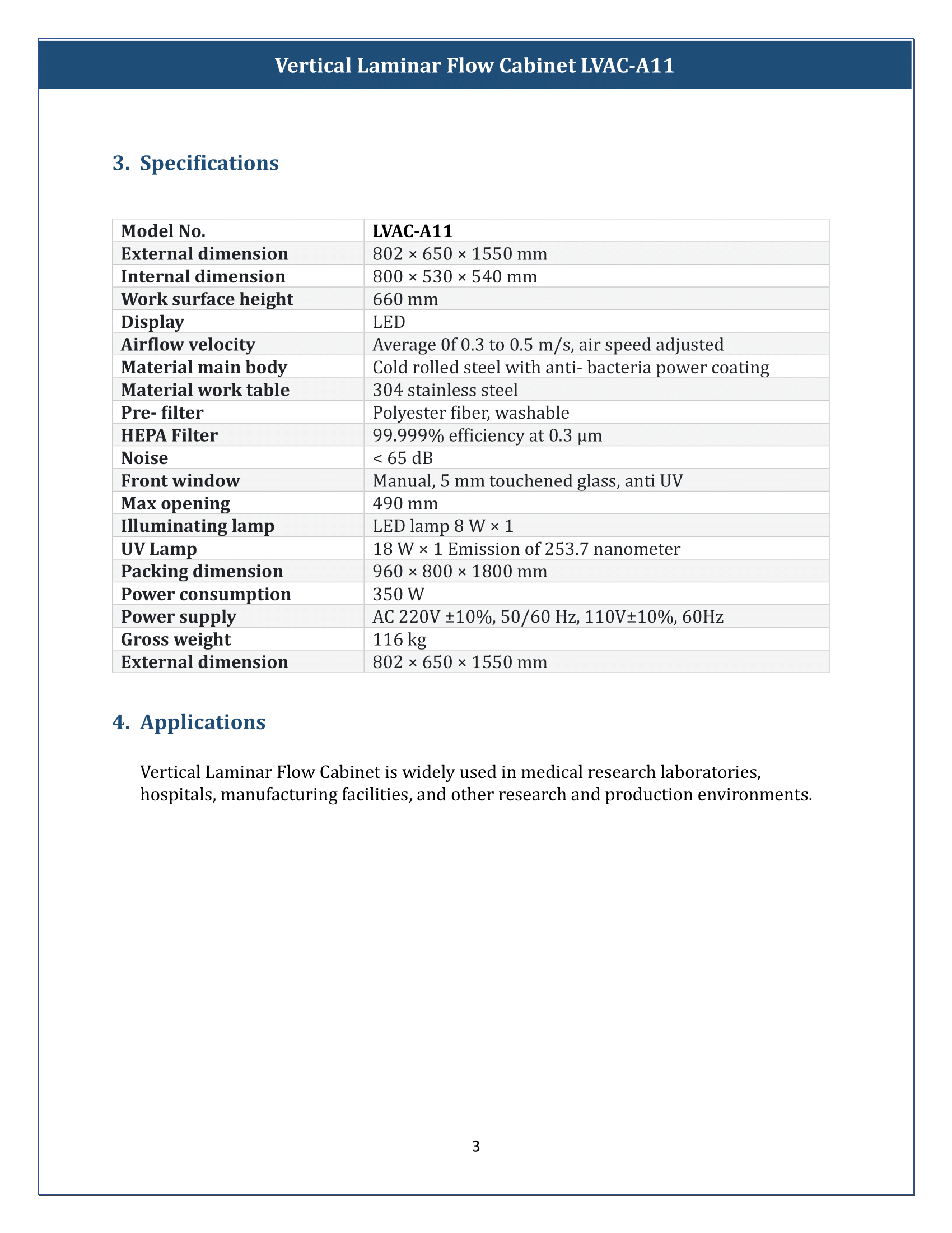 Vertical Laminar Flow Cabinet LVAC-A11 Operating Manual | Labtron
