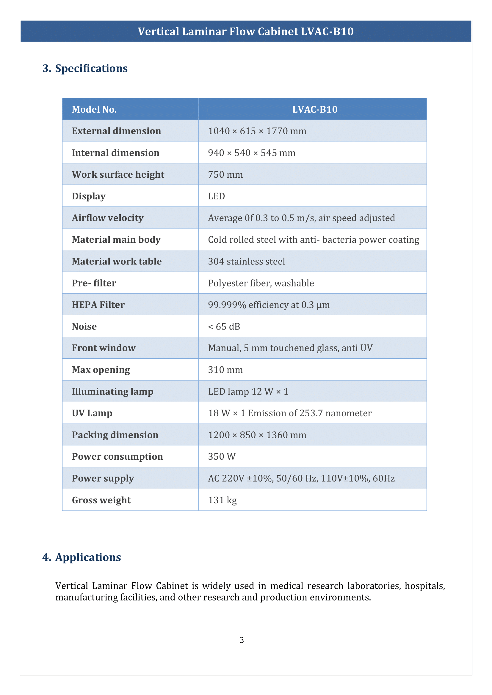 Vertical Laminar Flow Cabinet LVAC-B10 Operating Manual | Labtron