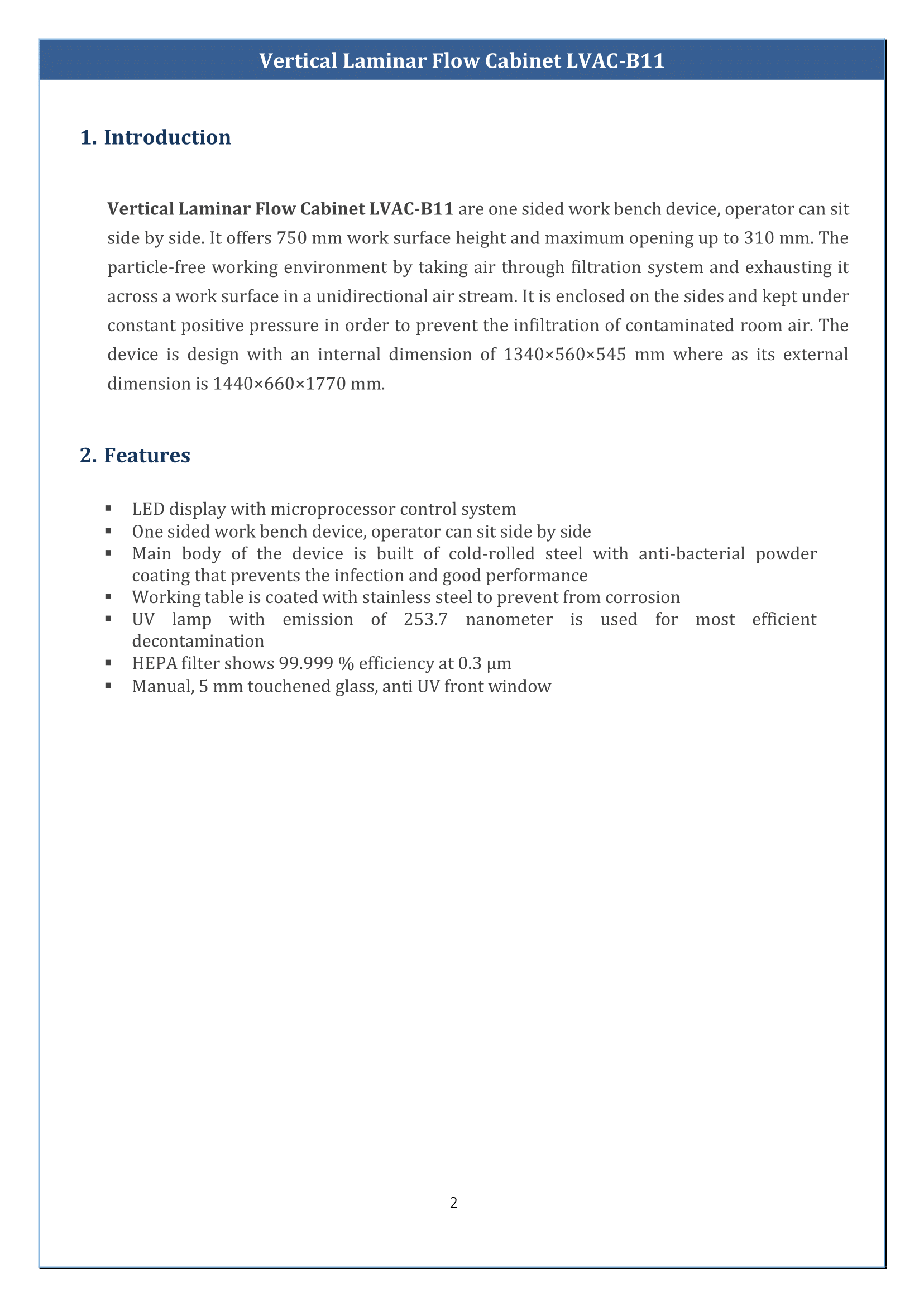 Vertical Laminar Flow Cabinet LVAC-B11 Operating Manual | Labtron