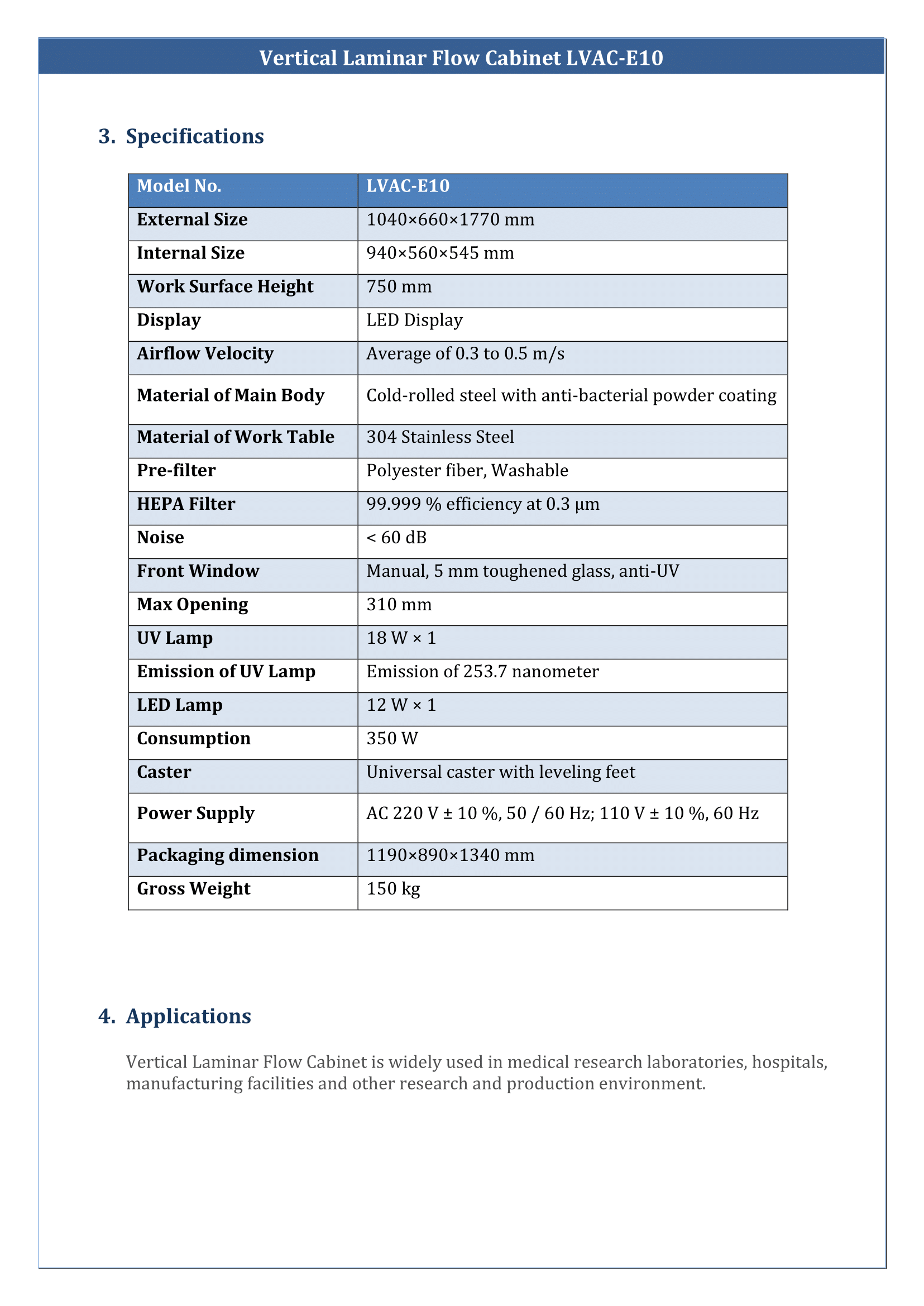 Vertical Laminar Flow Cabinet LVAC-E10 Operating Manual | Labtron