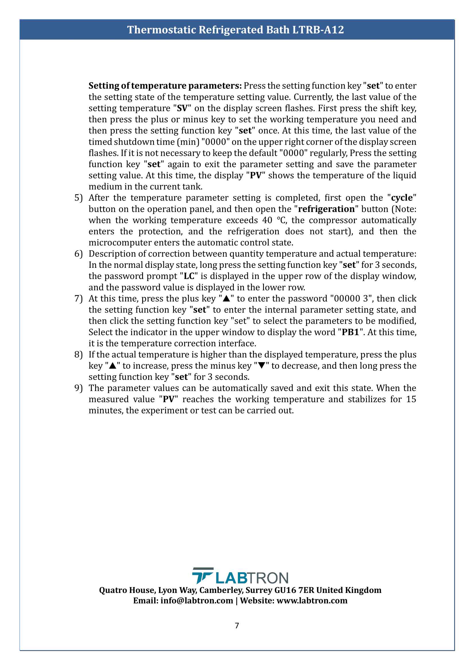 Thermostatic Refrigerated Bath LTRB-A12 Operating Manual